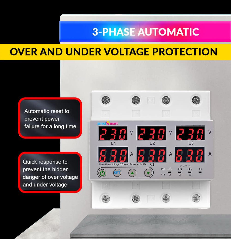 amiciSmart 3-Phase Automatic Over/Under Voltage Protector 63A with Ove ...
