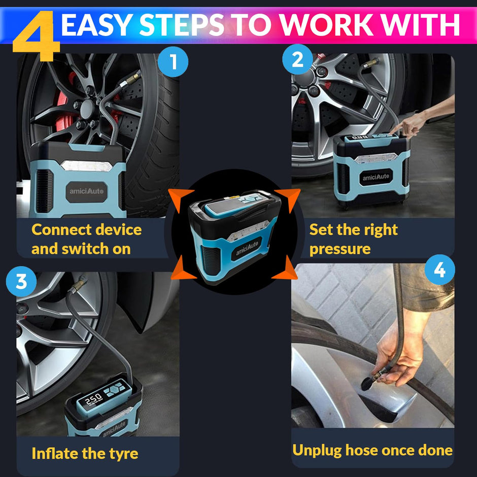 Automatic Car Tyre Inflator, 120W Air Pump for Car Tyres with 4 Nozzle ...